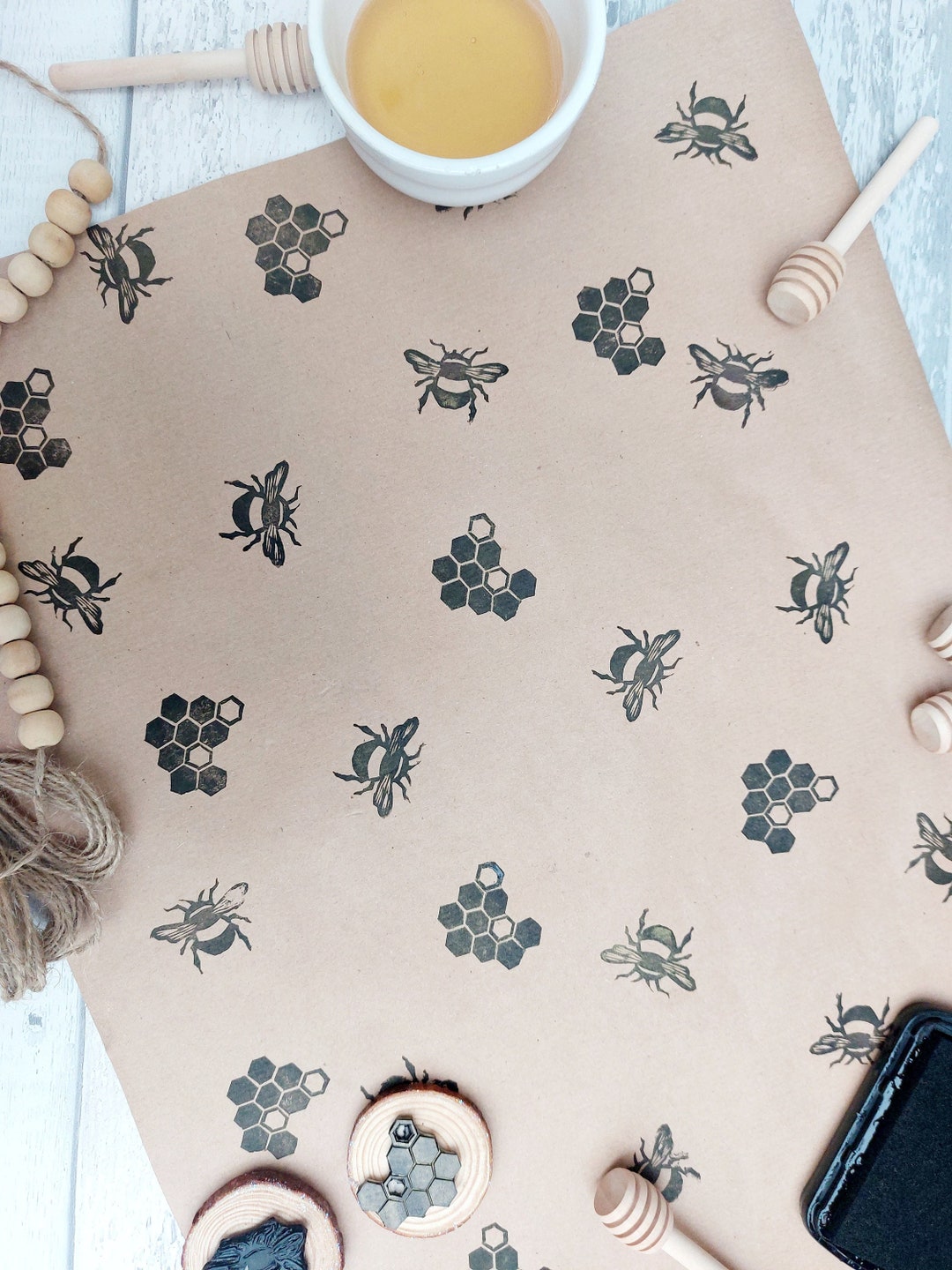 Hand Carved Bee Honeycomb Ink Stamp, Rubber Stamp Printing Block ...