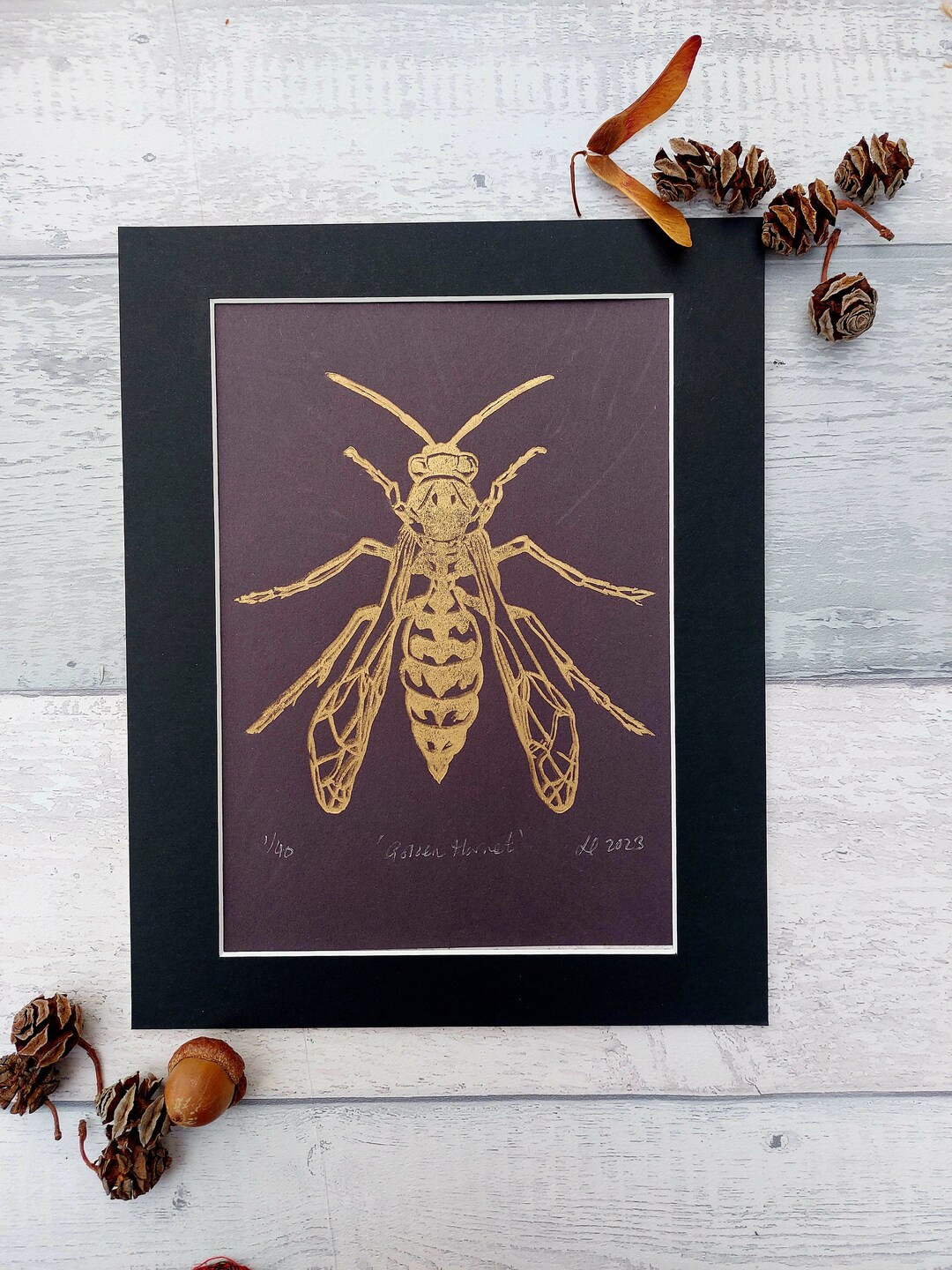 Golden Hornet Linocut, Monochrome Wasp Print, Original Handprinted ...