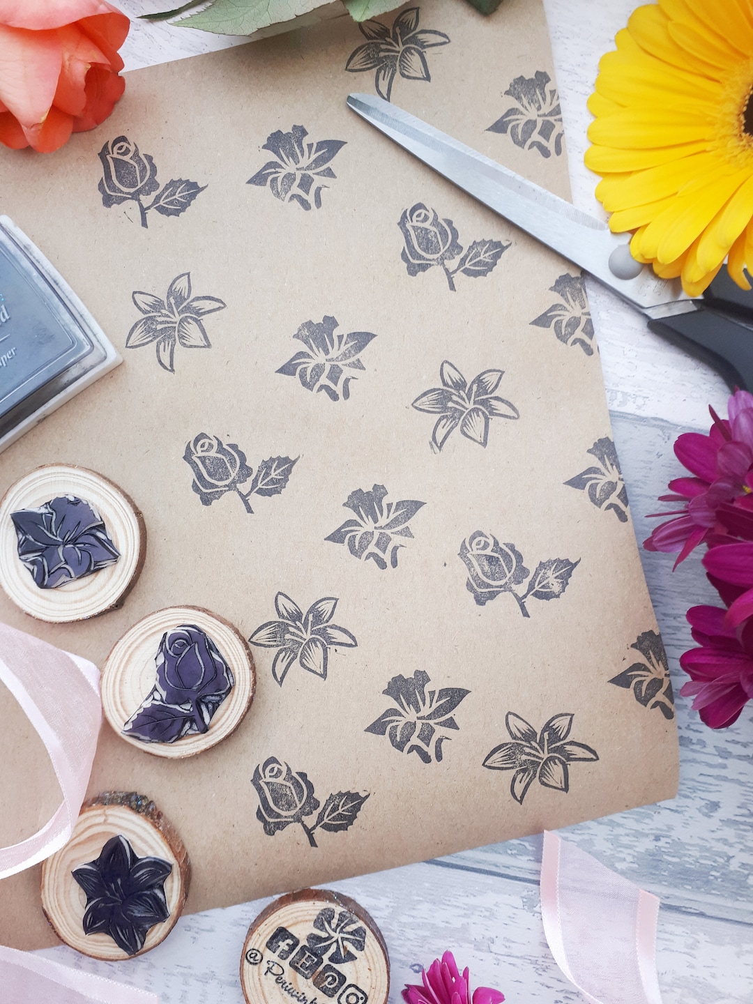 Flower Ink Stamp, Handcarved Easter Printing Block, Rose Daffodil Lily ...