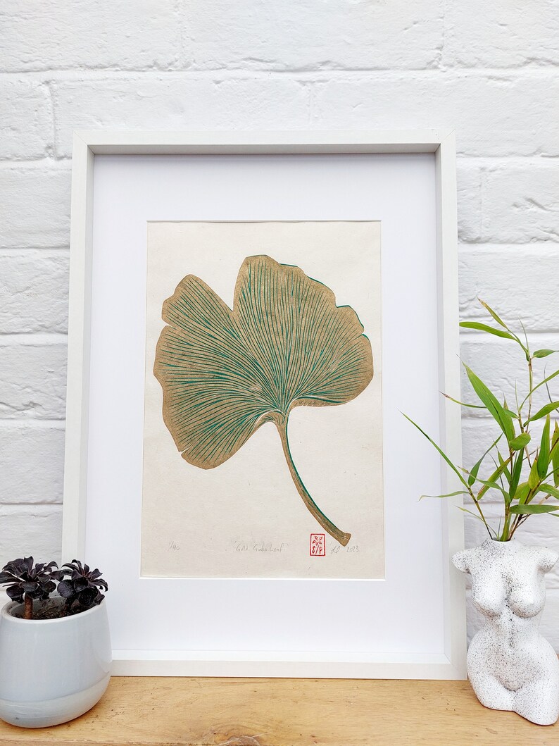 Linocut Ginkgo Leaf Print in Gold and Green, Original Hand Pulled ...