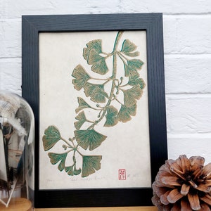 Linocut Ginkgo Branch Print in Green and Gold, Original Hand Pulled ...