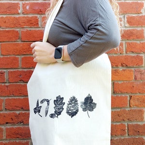 Linoprint Cotton Tote Bag, Forest Theme Natural Canvas Bag, Seeds and ...
