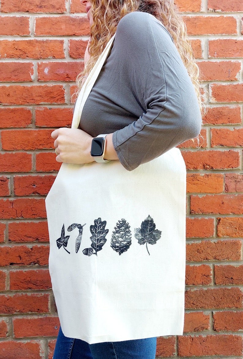 Linoprint Cotton Tote Bag, Forest Theme Natural Canvas Bag, Seeds and ...