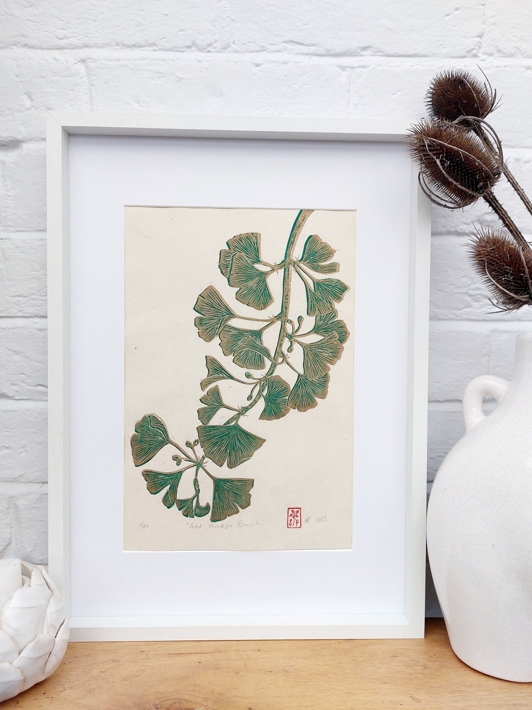 Linocut Ginkgo Branch Print in Green and Gold, Original Hand Pulled ...