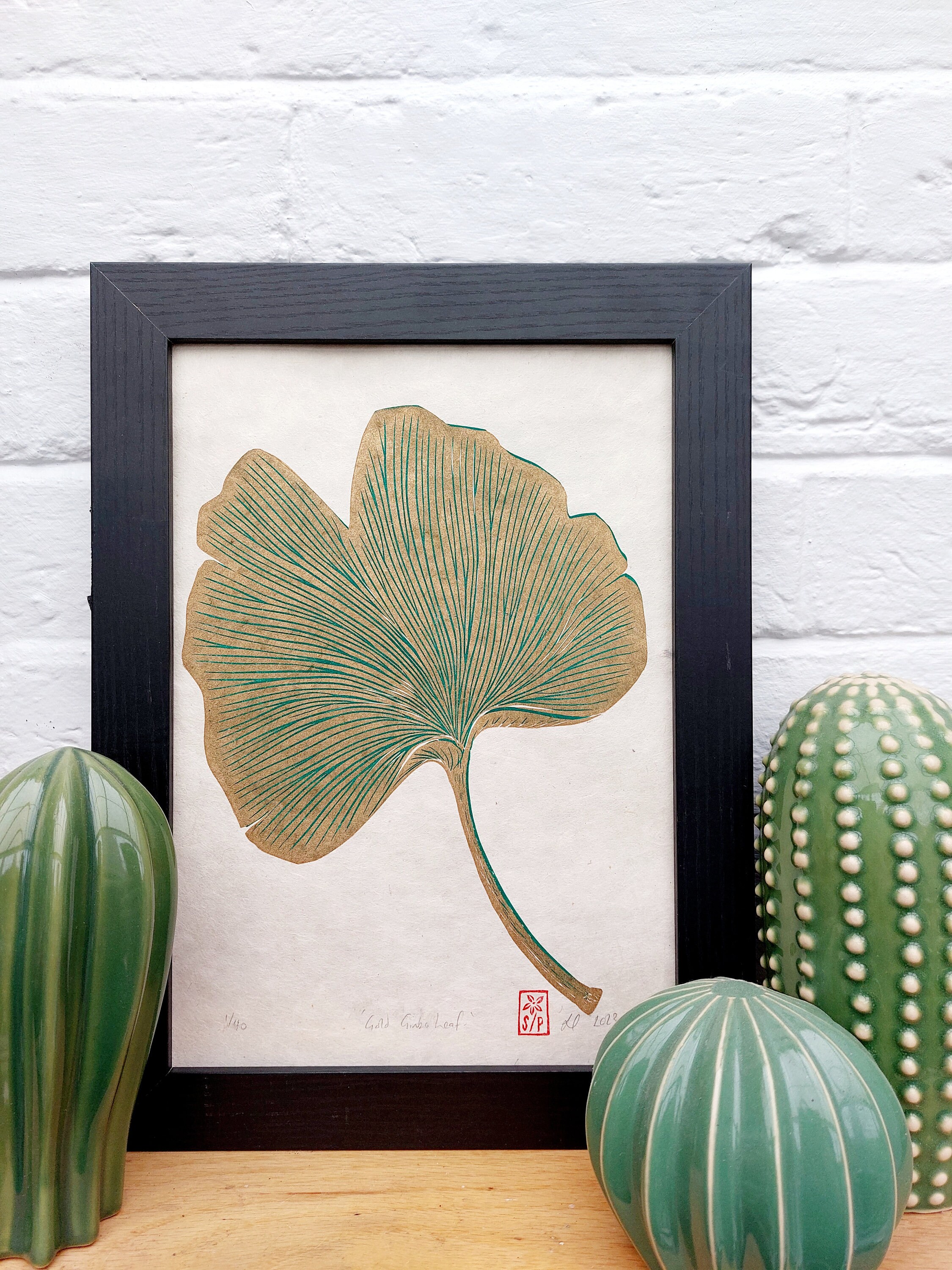 Linocut Ginkgo Leaf Print in Gold and Green, Original Hand Pulled ...