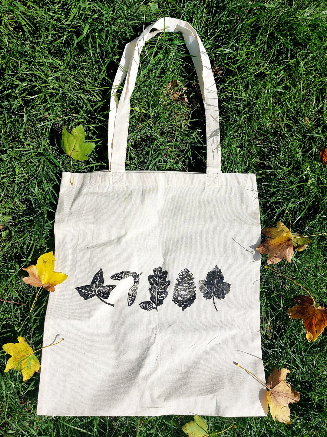 Linoprint Cotton Tote Bag, Forest Theme Natural Canvas Bag, Seeds and ...