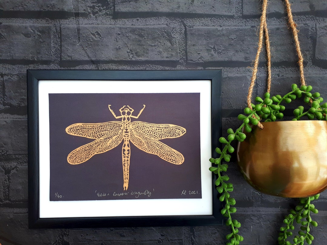 Golden Emperor Dragonfly Linocut, Monochrome Dragonfly Print, Original ...