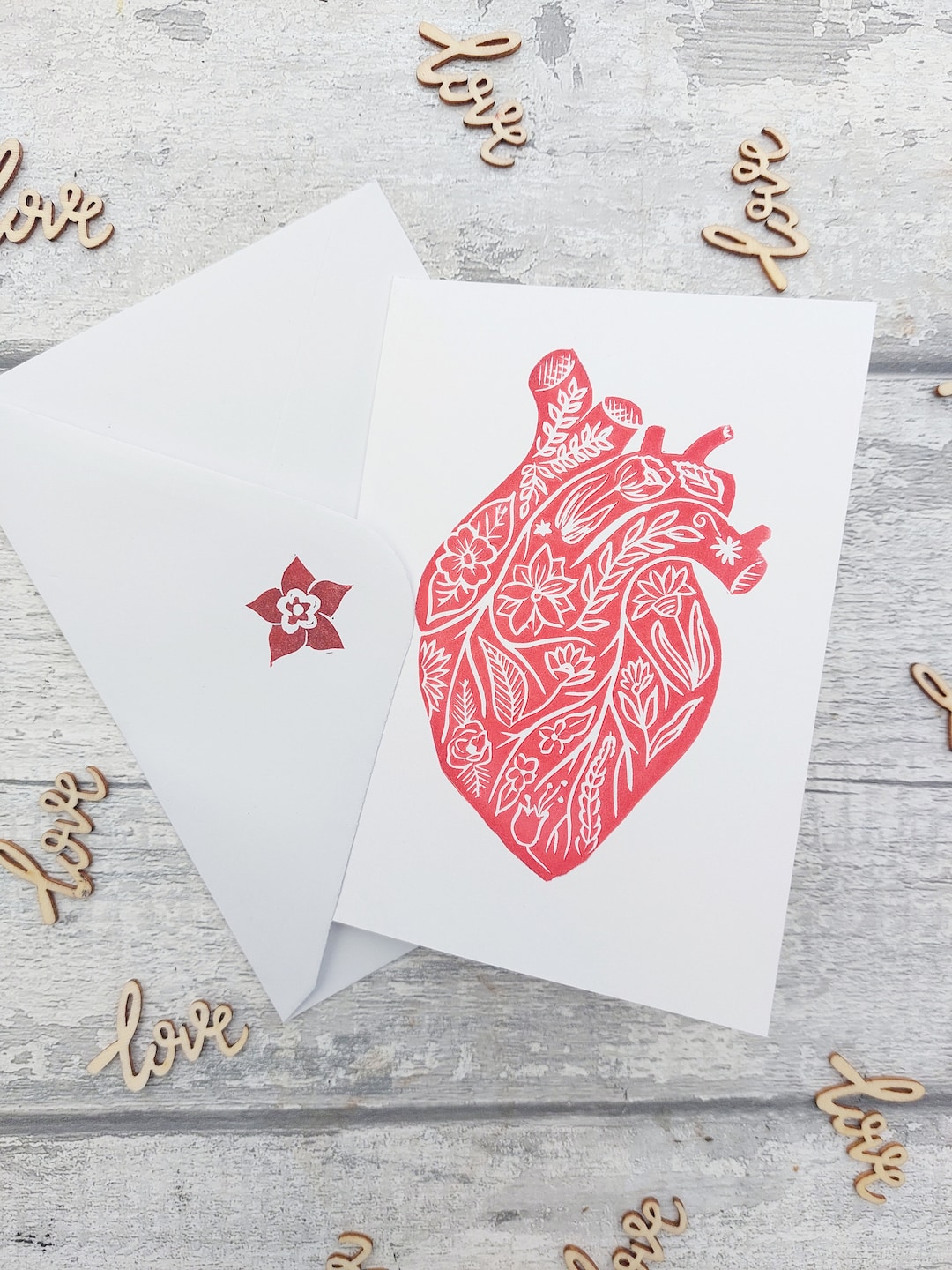 Handmade Linocut Flower Human Heart Valentines Day Card, Hand Printed ...