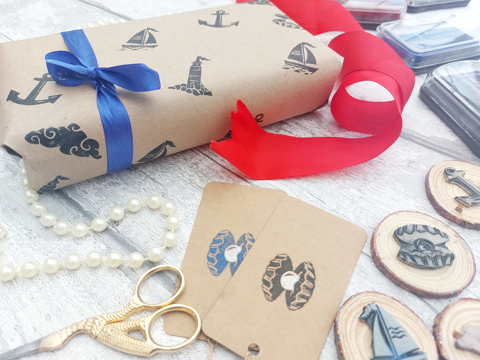 Hand Carved Nautical Ink Stamp Set, Sea Themed Rubber Printing Blocks ...