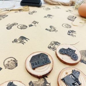Hand Carved Farmyard Animals Ink Stamps, Rubber Printing Blocks, Ink ...