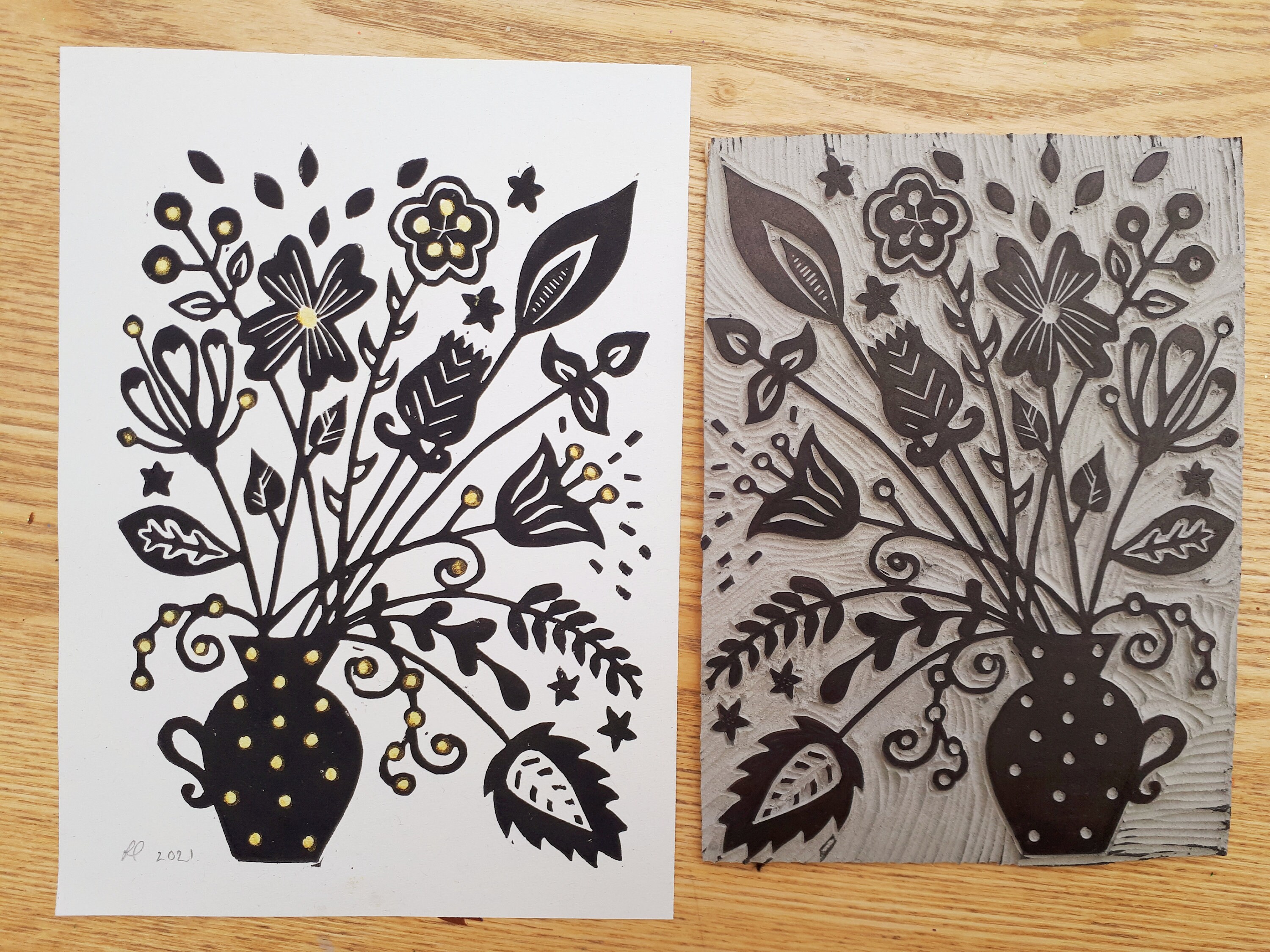 Folk Style Flower Bouquet Linocut Wall Art Eco Friendly Art - Etsy UK