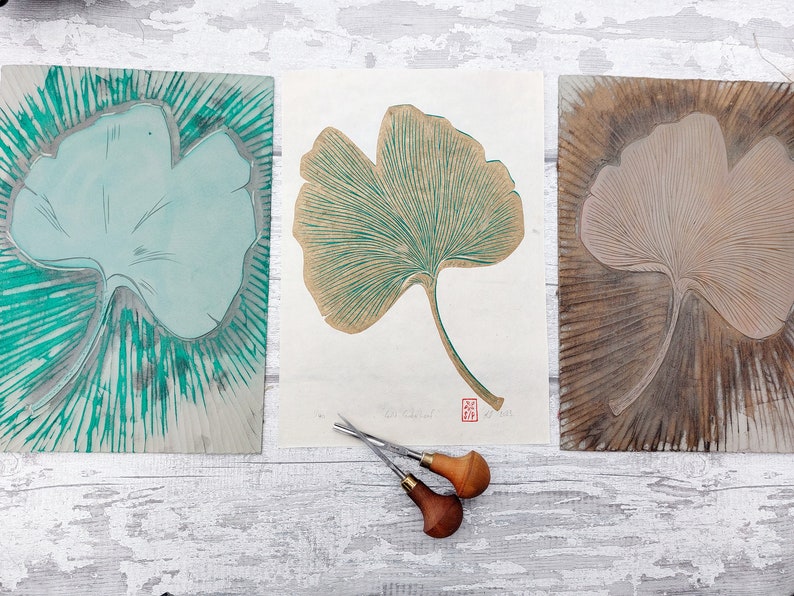 Linocut Ginkgo Leaf Print in Gold and Green, Original Hand Pulled ...