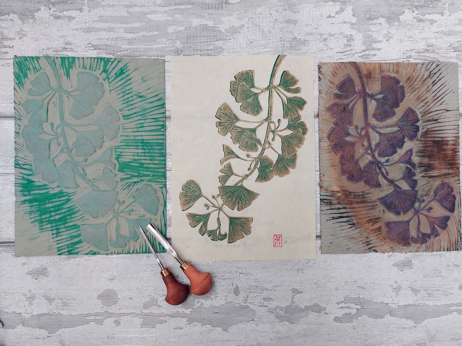 Linocut Ginkgo Branch Print in Green and Gold, Original Hand Pulled ...