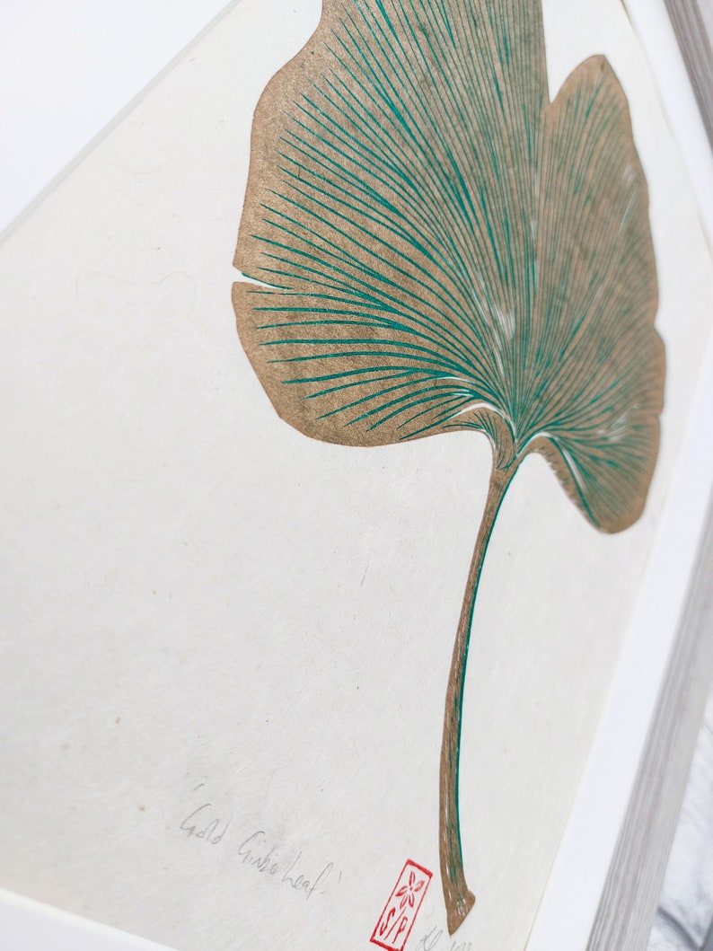Linocut Ginkgo Leaf Print in Gold and Green, Original Hand Pulled ...