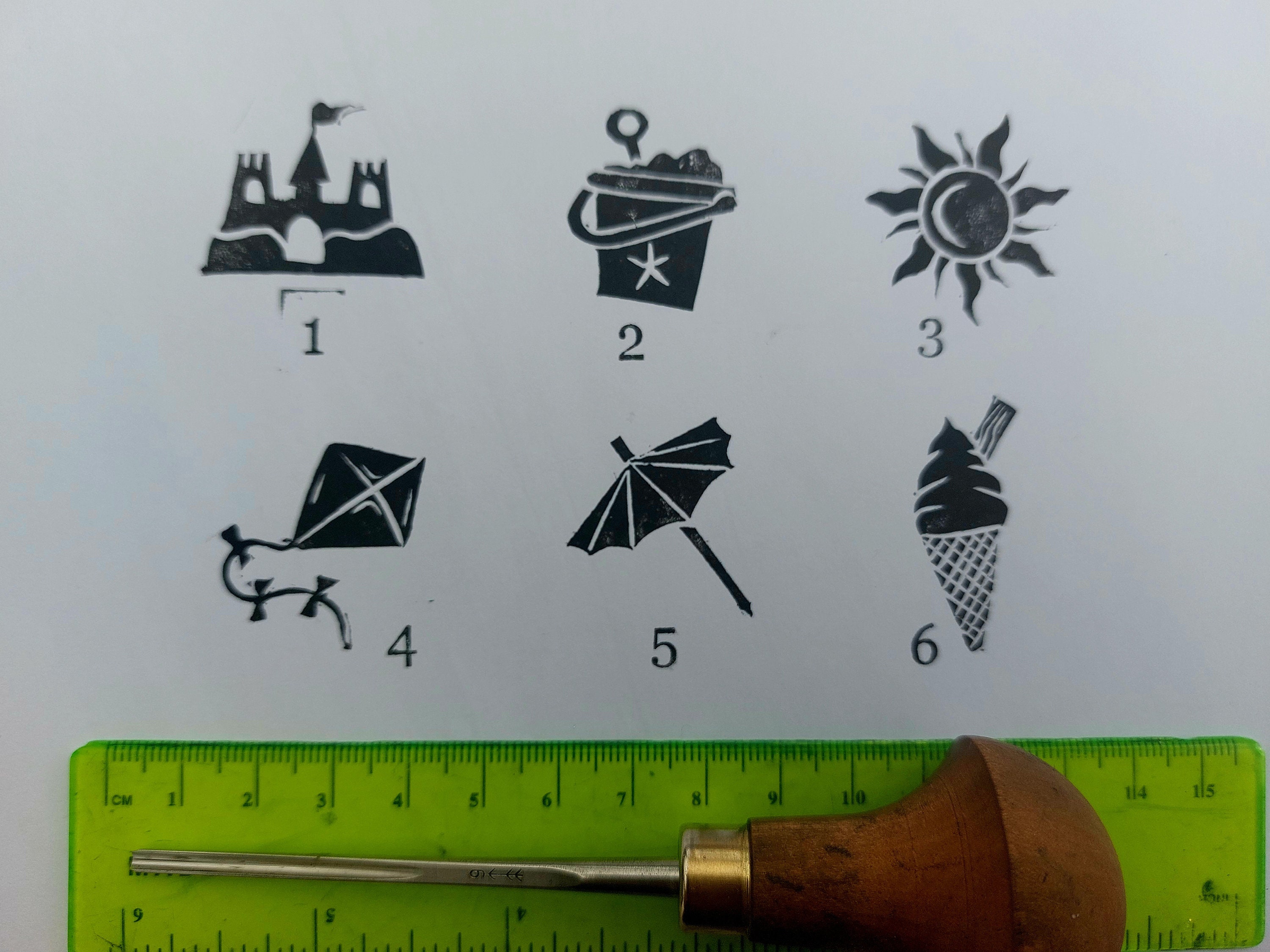 Hand Carved Seaside Ink Stamp Set, Sand Castle, Bucket, Sunshine ,kite ...