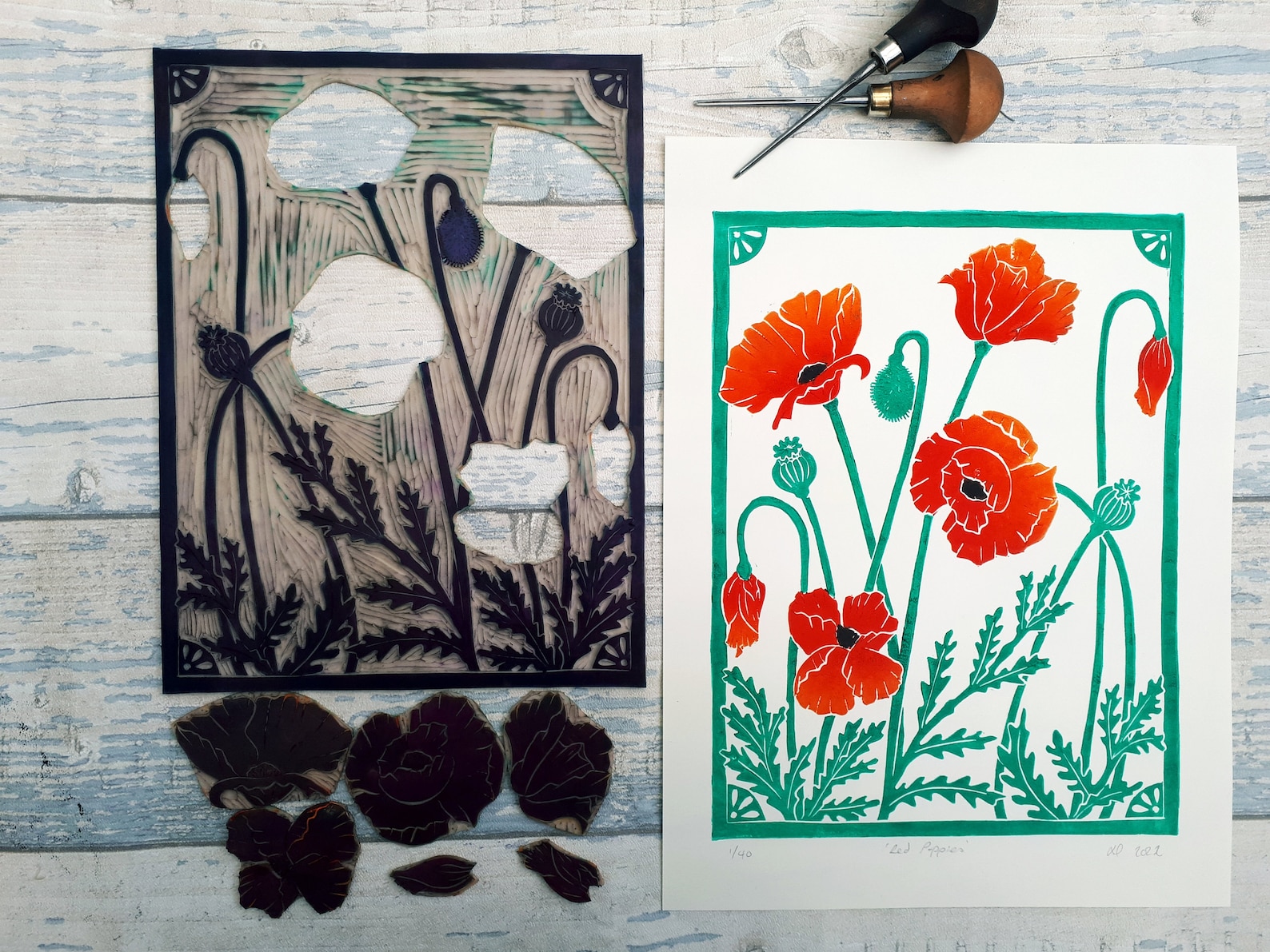 Red Poppies Linocut Print, Original Floral Botanical Artwork, Hand ...