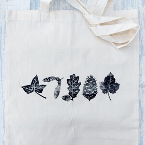 Linoprint Cotton Tote Bag, Forest Theme Natural Canvas Bag, Seeds and ...