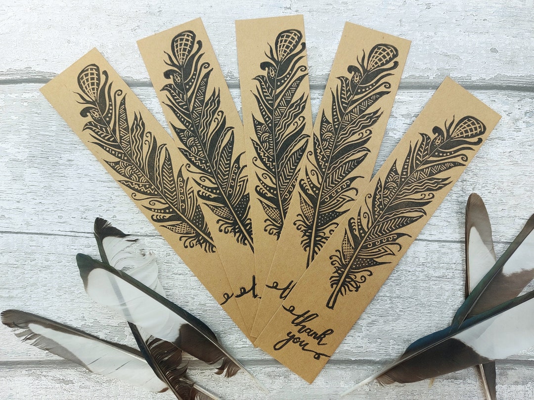 3x Linocut Tribal Feather Bookmarks, Colour Your Own Bookmark Print ...