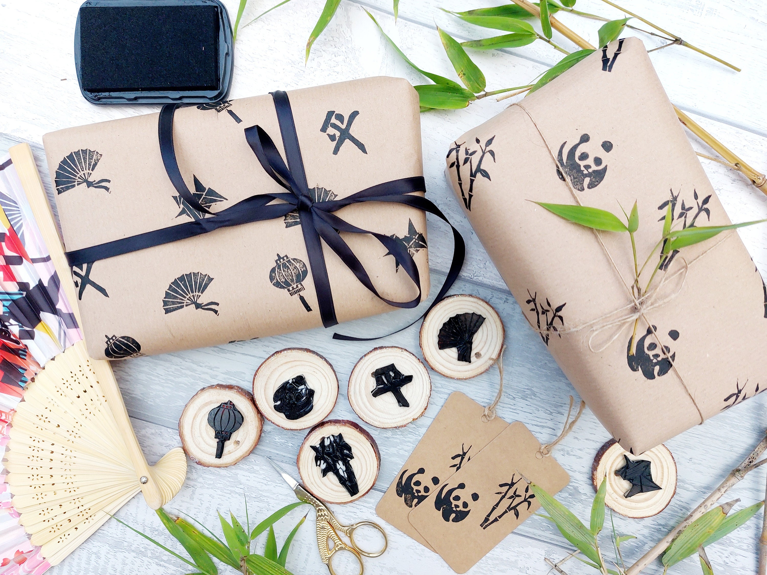 Hand Carved Panda and Bamboo Ink Stamp Sets, Rubber Stamper Printing ...