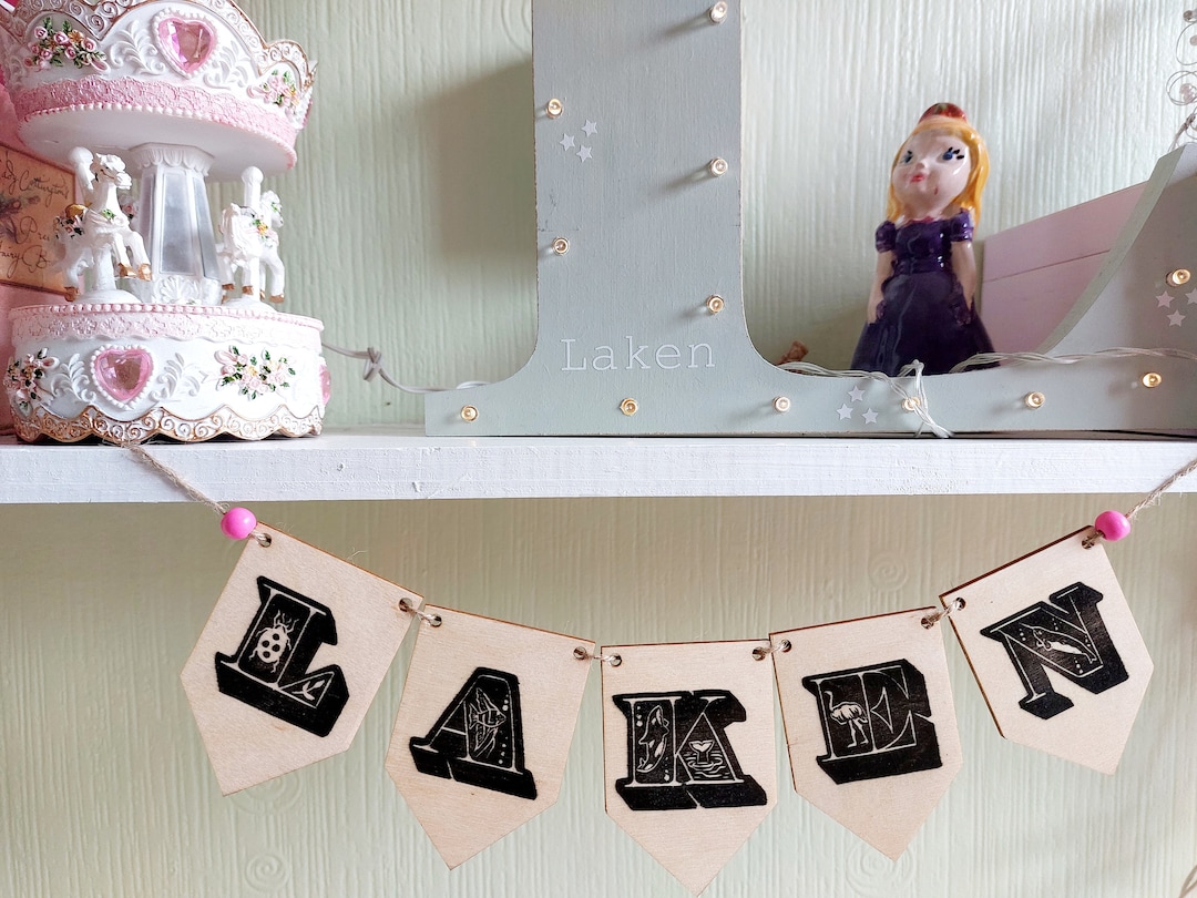 Personalised Wooden Alphabet Animal Bunting, Linocut Hand Printed Wood ...