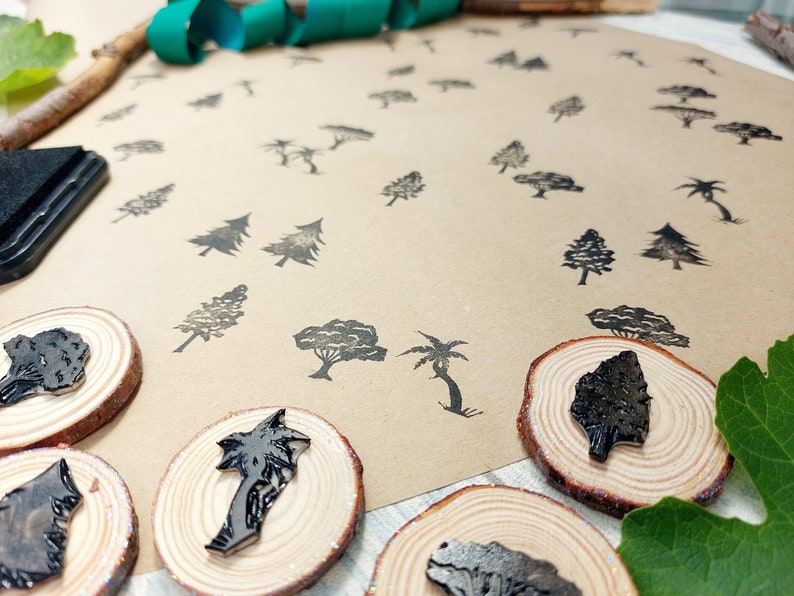 Hand Carved Tree Ink Stamps, Palm Tree, Christmas Tree, Cedar, Oak Tree ...