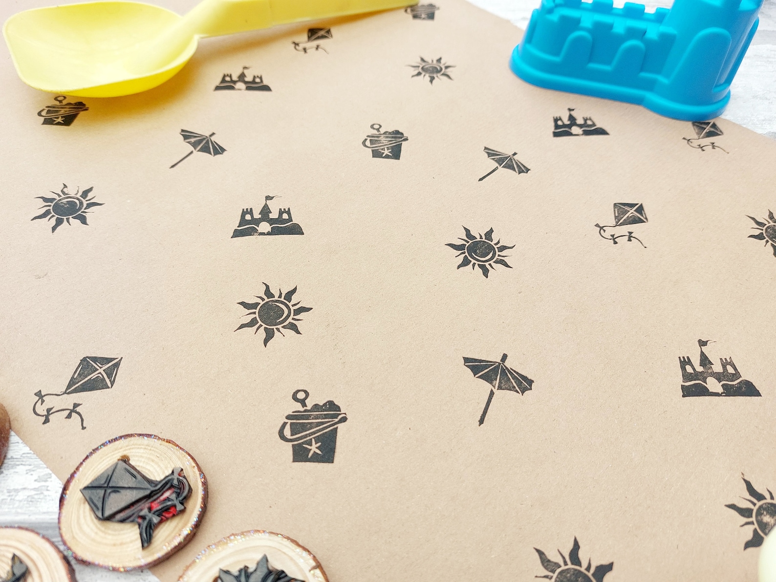 Hand Carved Seaside Ink Stamp Set, Sand Castle, Bucket, Sunshine ,kite ...