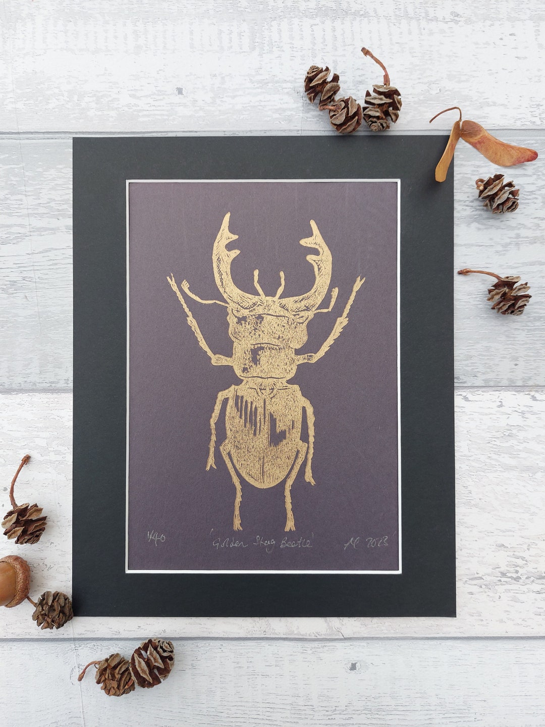 Golden Stag Beetle Linocut, Monochrome Wasp Print, Original Handprinted ...