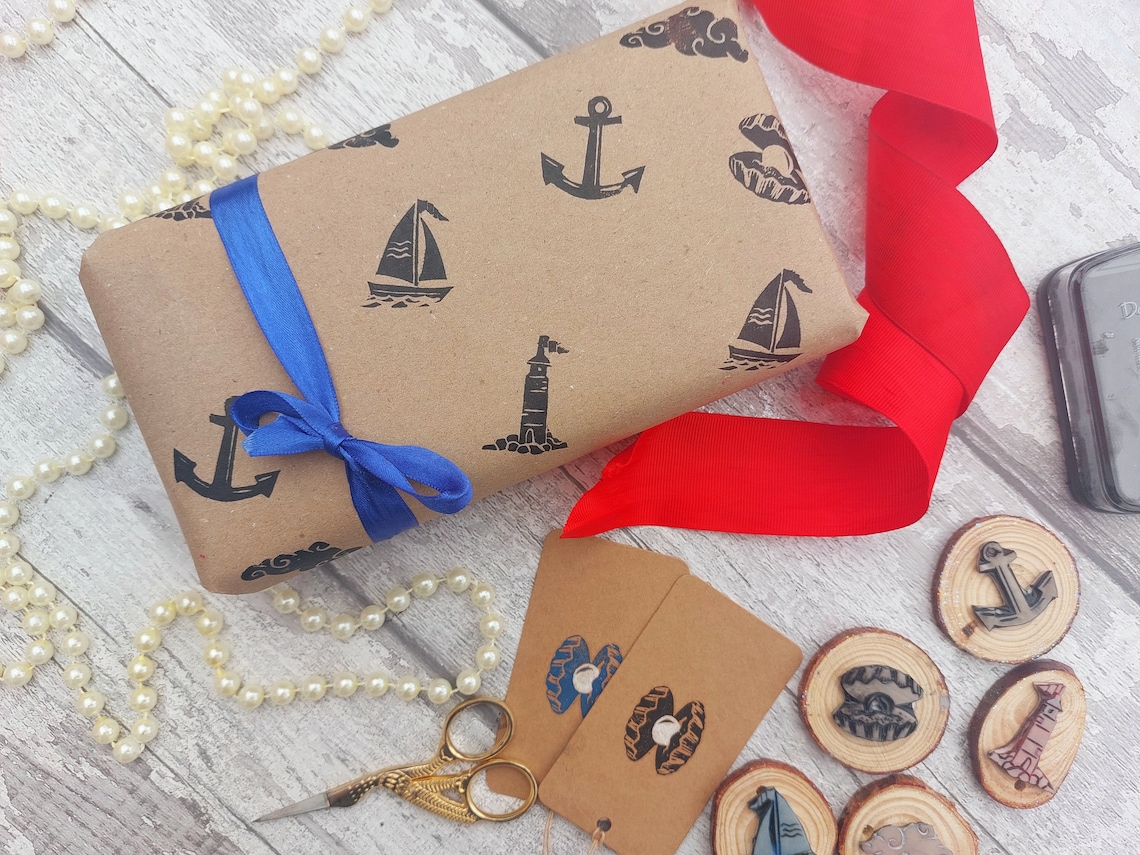 Hand Carved Nautical Ink Stamp Set, Sea Themed Rubber Printing Blocks ...