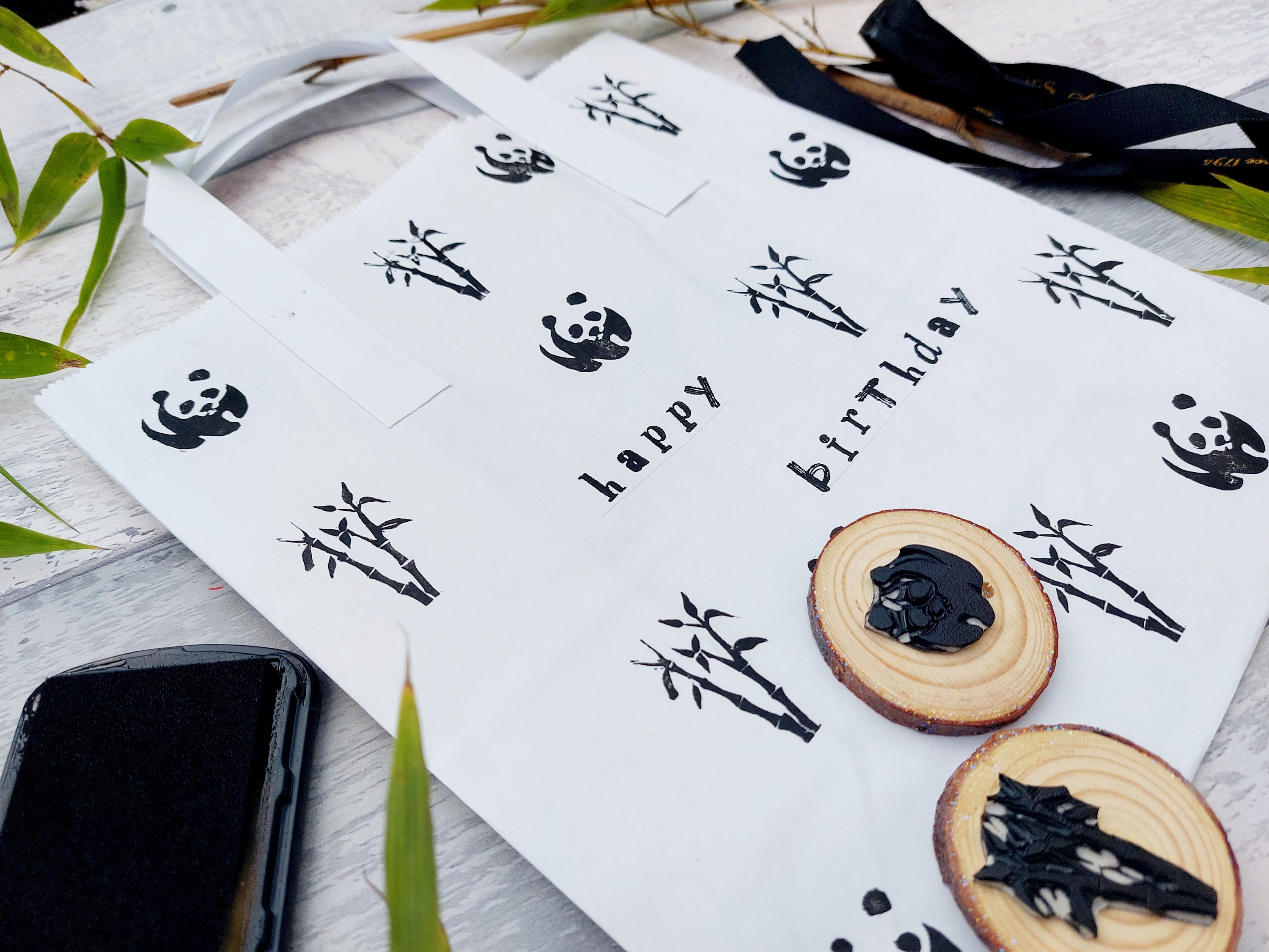Hand Carved Panda and Bamboo Ink Stamp Sets, Rubber Stamper Printing ...