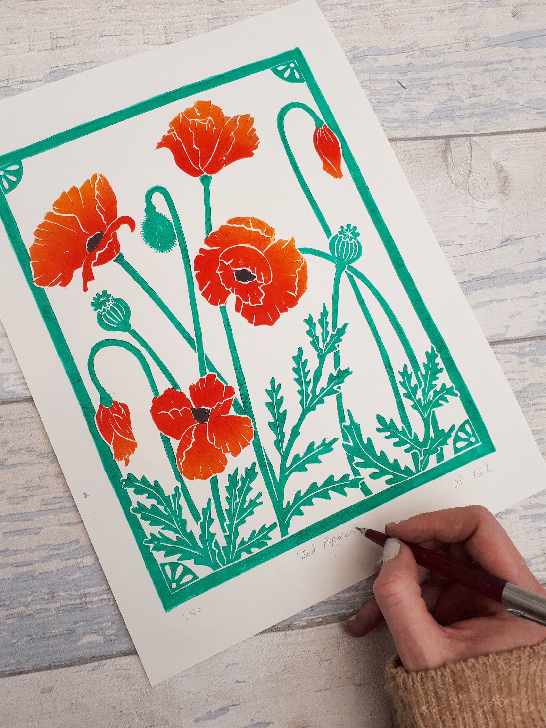 Red Poppies Linocut Print, Original Floral Botanical Artwork, Hand ...