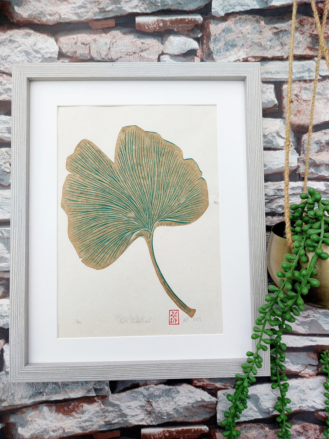 Linocut Ginkgo Leaf Print in Gold and Green, Original Hand Pulled ...