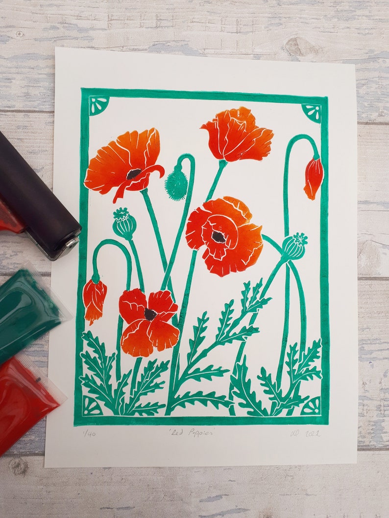 Red Poppies Linocut Print, Original Floral Botanical Artwork, Hand ...
