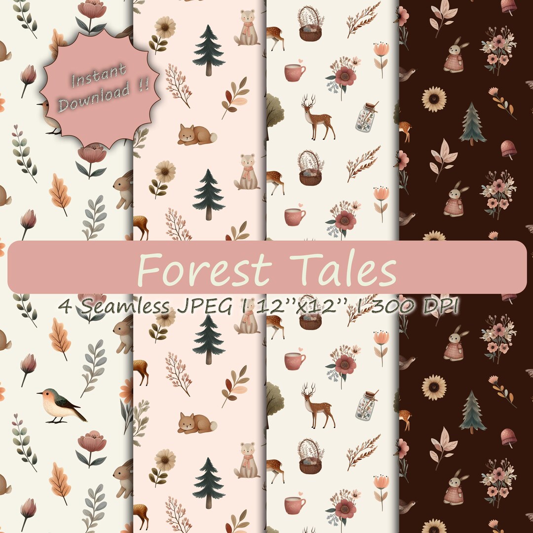 Forest Tales Seamless Digital Paper | Woodland Animals & Autumn Floral ...