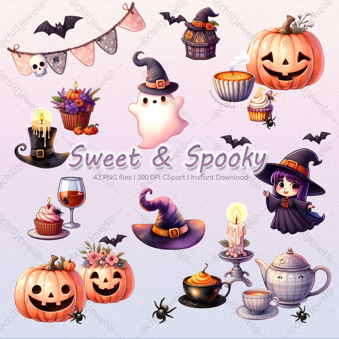 Sweet & Spooky Halloween Clipart | 43 PNG Cute Witch, Ghost, Pumpkin ...
