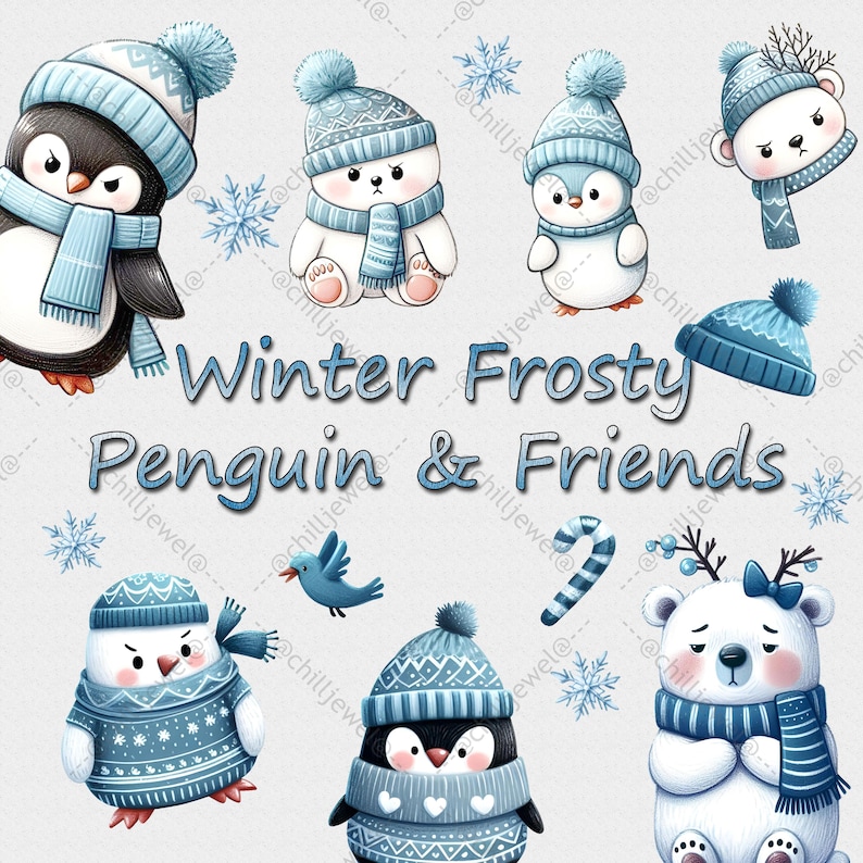 Cute Winter Penguin & Friends PNG Clipart Crayon Art for Scrapbooking ...
