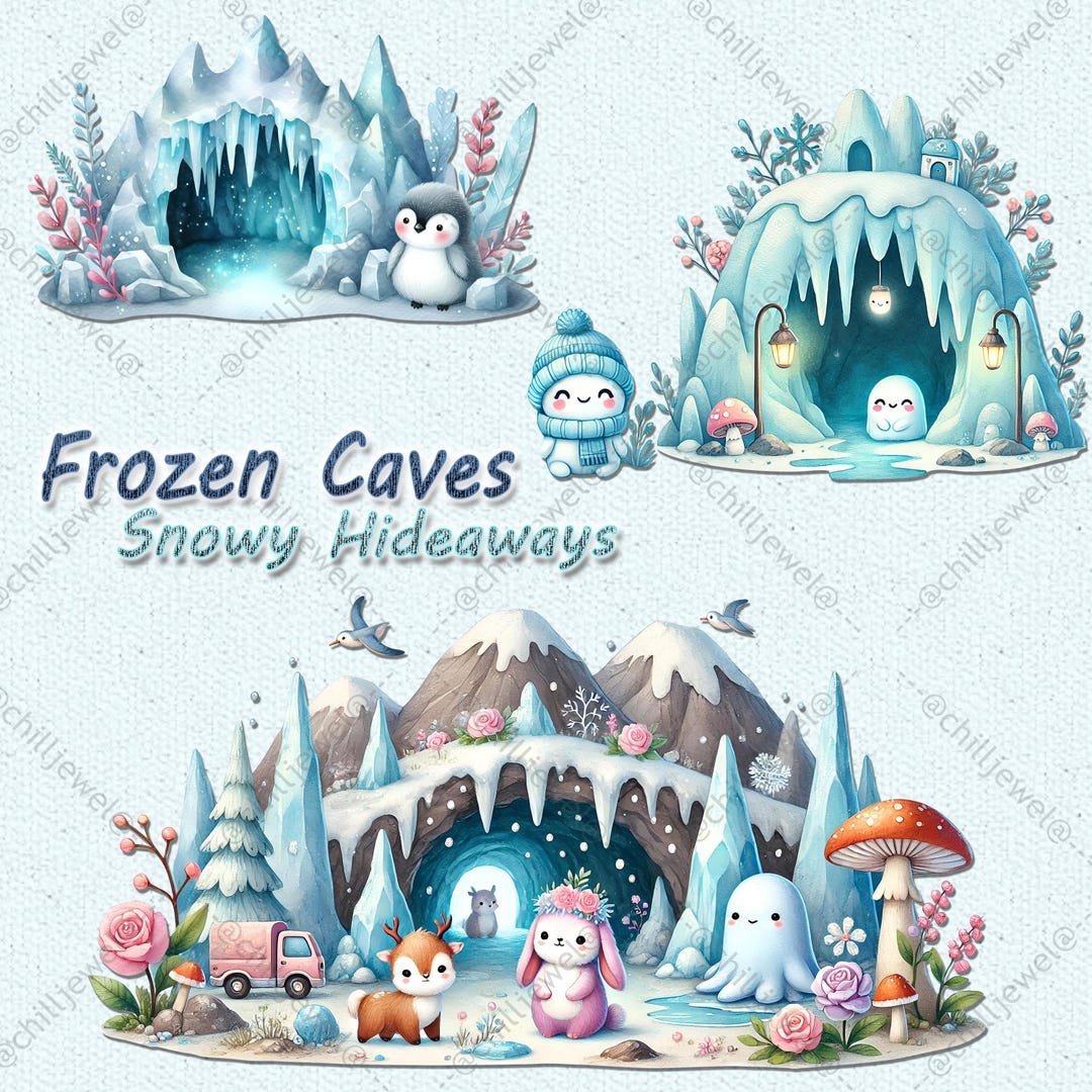Whimsical Winter Frozen Caves Clipart – Frosty Animals, Snowy Caves ...