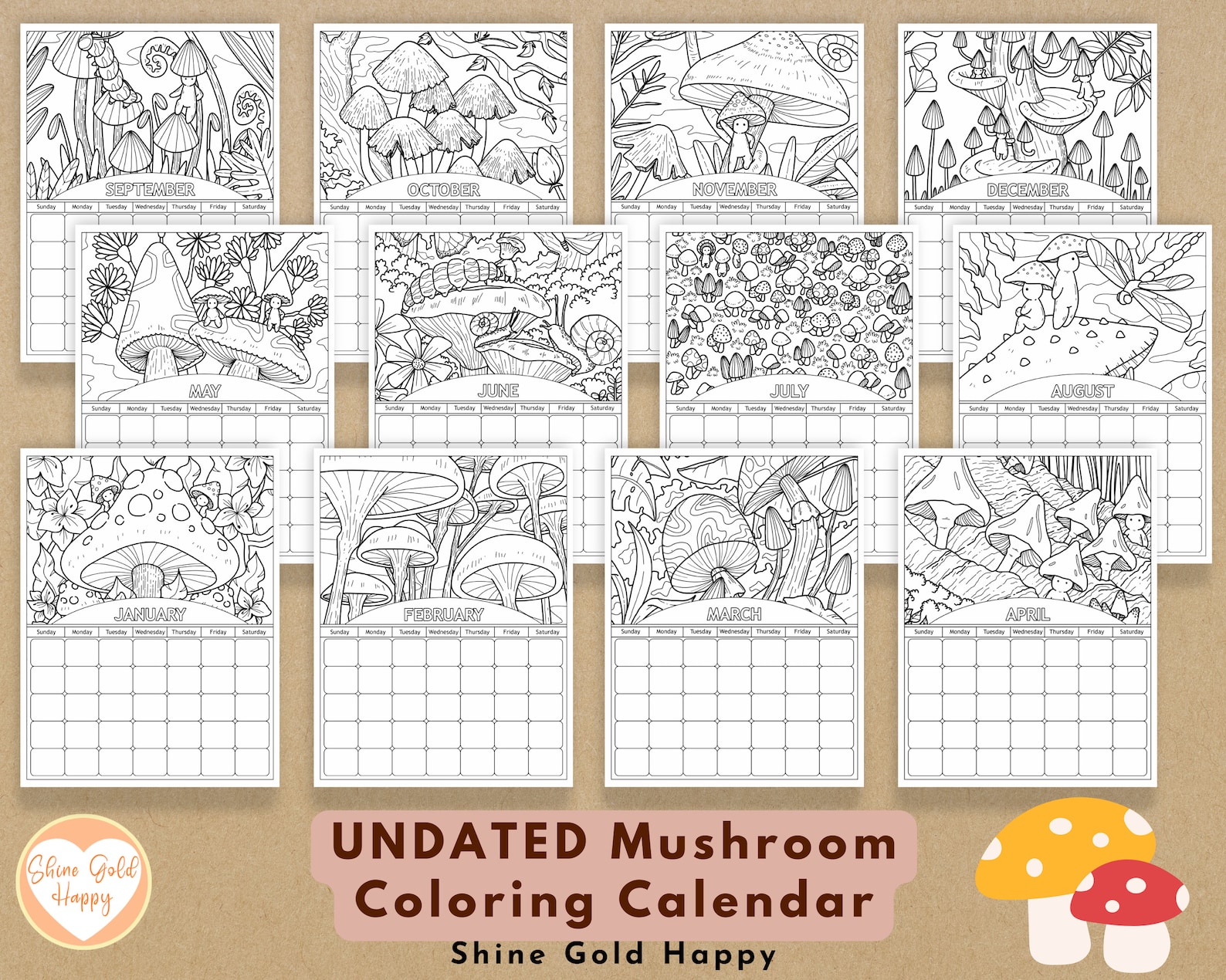 Undated Mushroom Calendar, Printable Calendar, PDF Digital Download ...