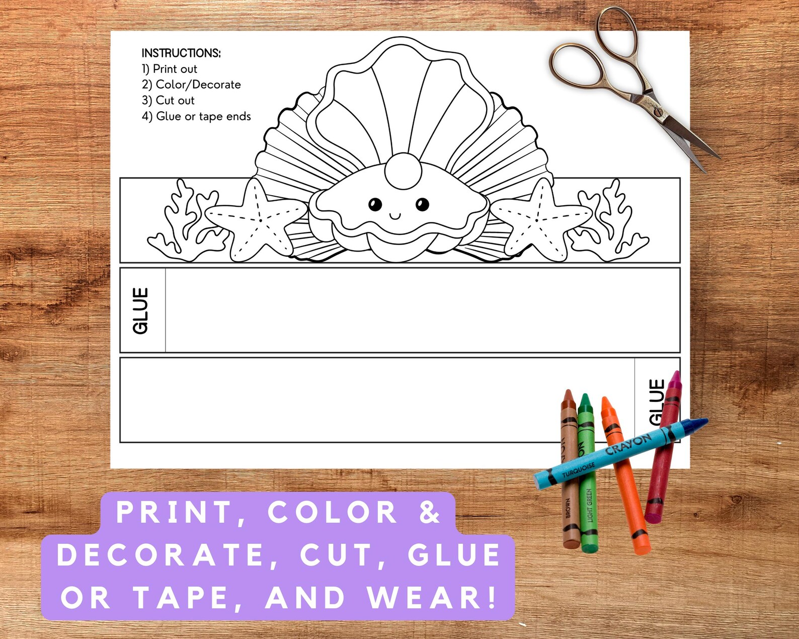 Mermaid Paper Crown, Birthday Party, Mermaid Coloring Craft for Kids ...