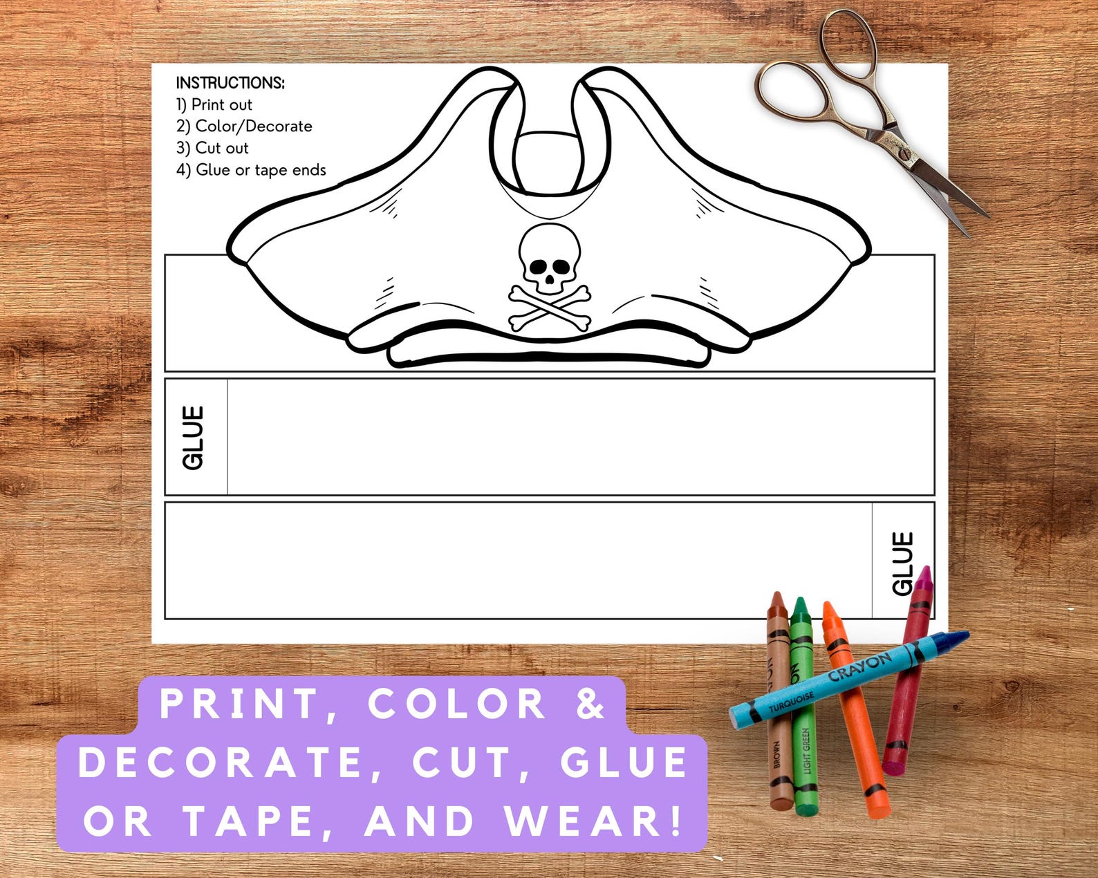 Pirate Paper Hat Crown, Pirate Costume, Coloring Craft for Kids ...