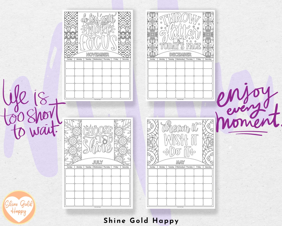 Undated Motivational Coloring Calendar PDF Digital Download Printable ...