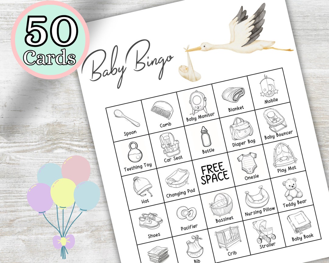 Baby Shower Bingo Stork, Printable Game, 50 Bingo Cards, Baby Shower ...