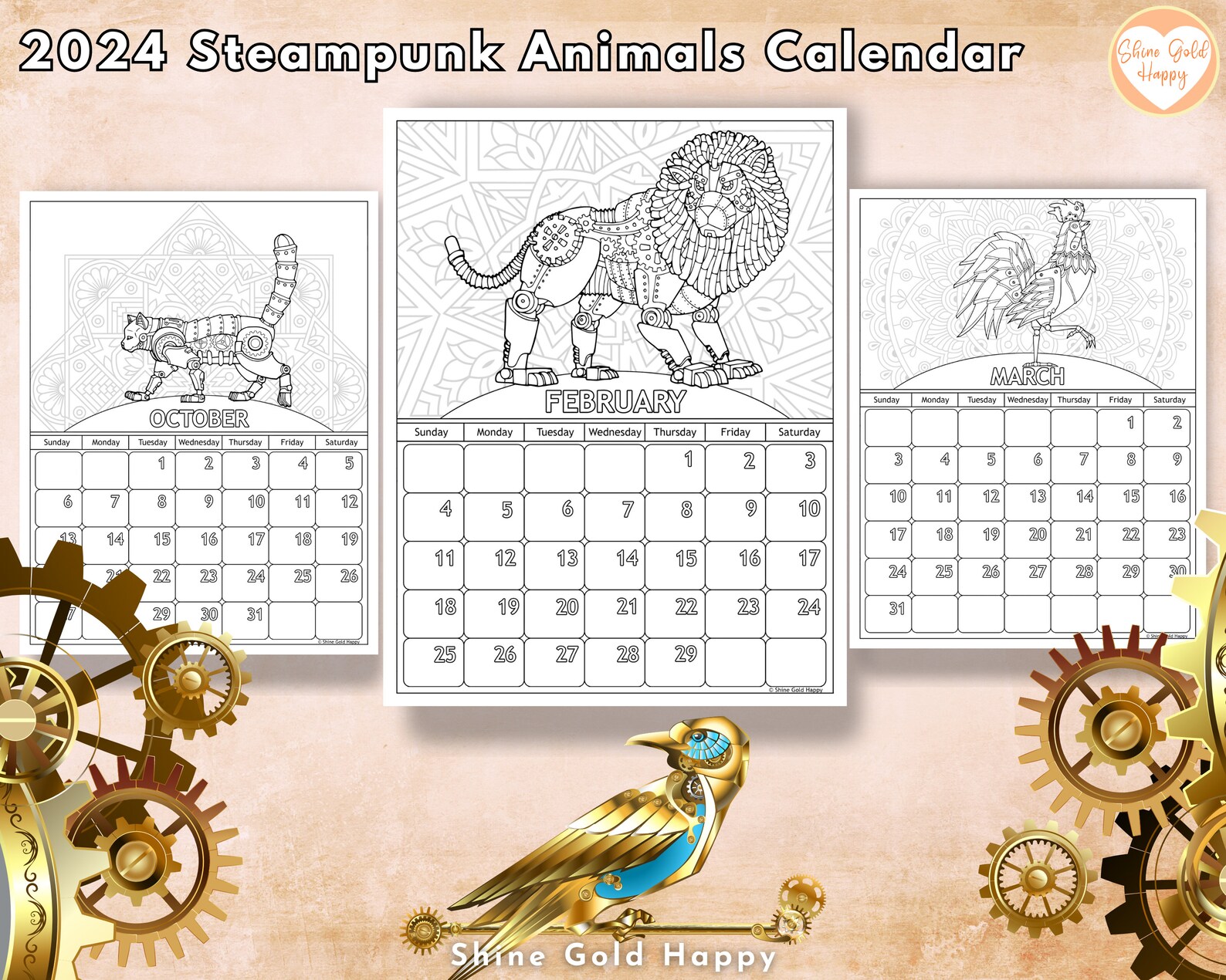 2024 Steampunk Animals Coloring Calendar, Printable Calendar 2024, PDF ...