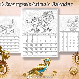 2024 Steampunk Animals Coloring Calendar, Printable Calendar 2024, PDF ...