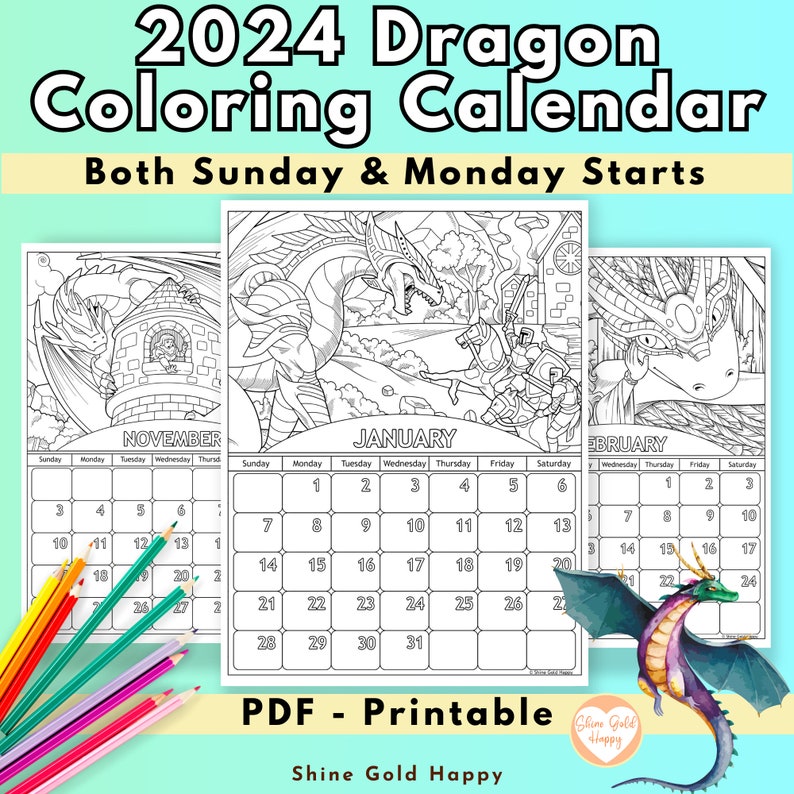 2024 Dragons Coloring Calendar, Printable Calendar 2024, PDF Digital ...