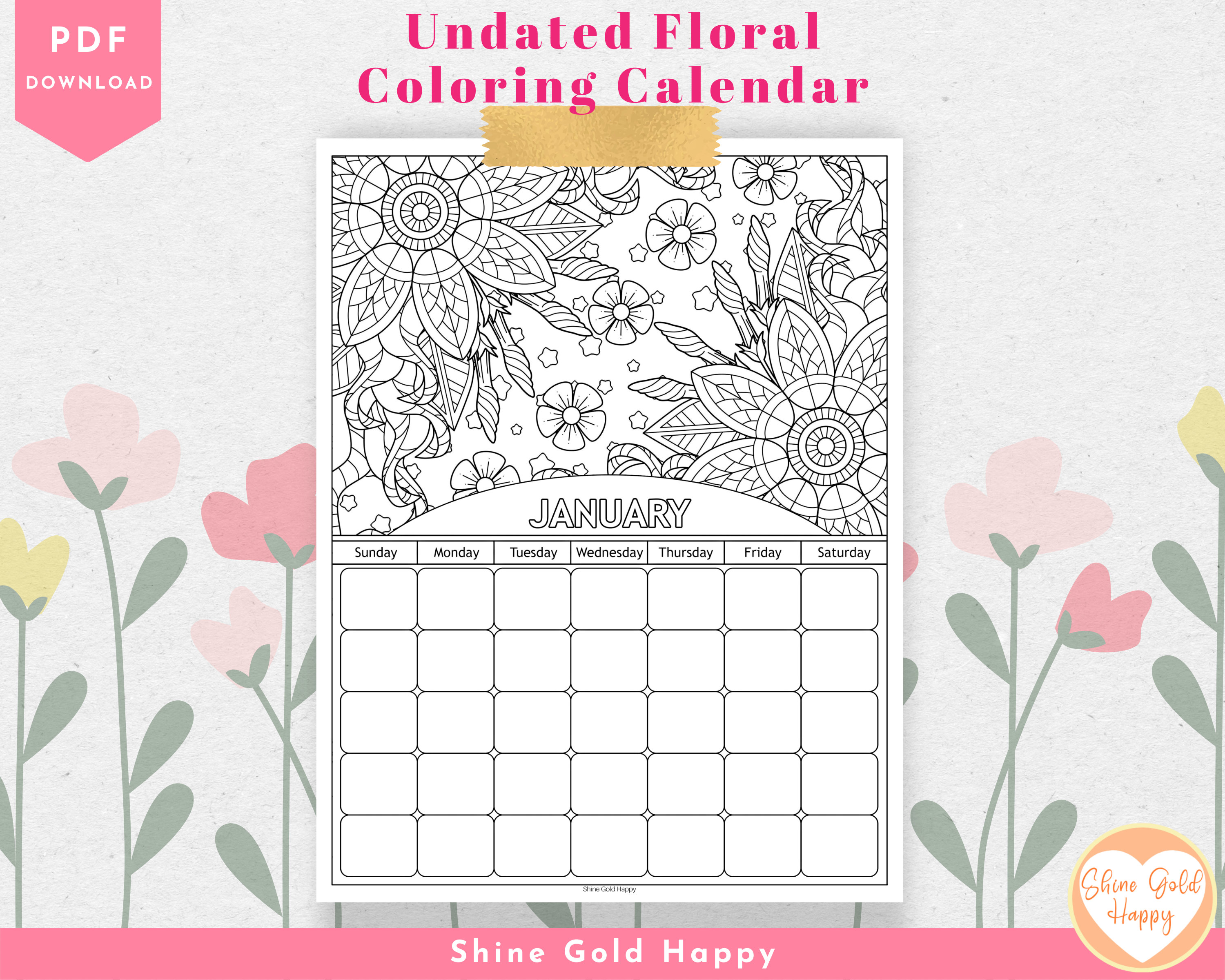 Undated Floral Coloring Calendar PDF Digital Download Printable - Etsy