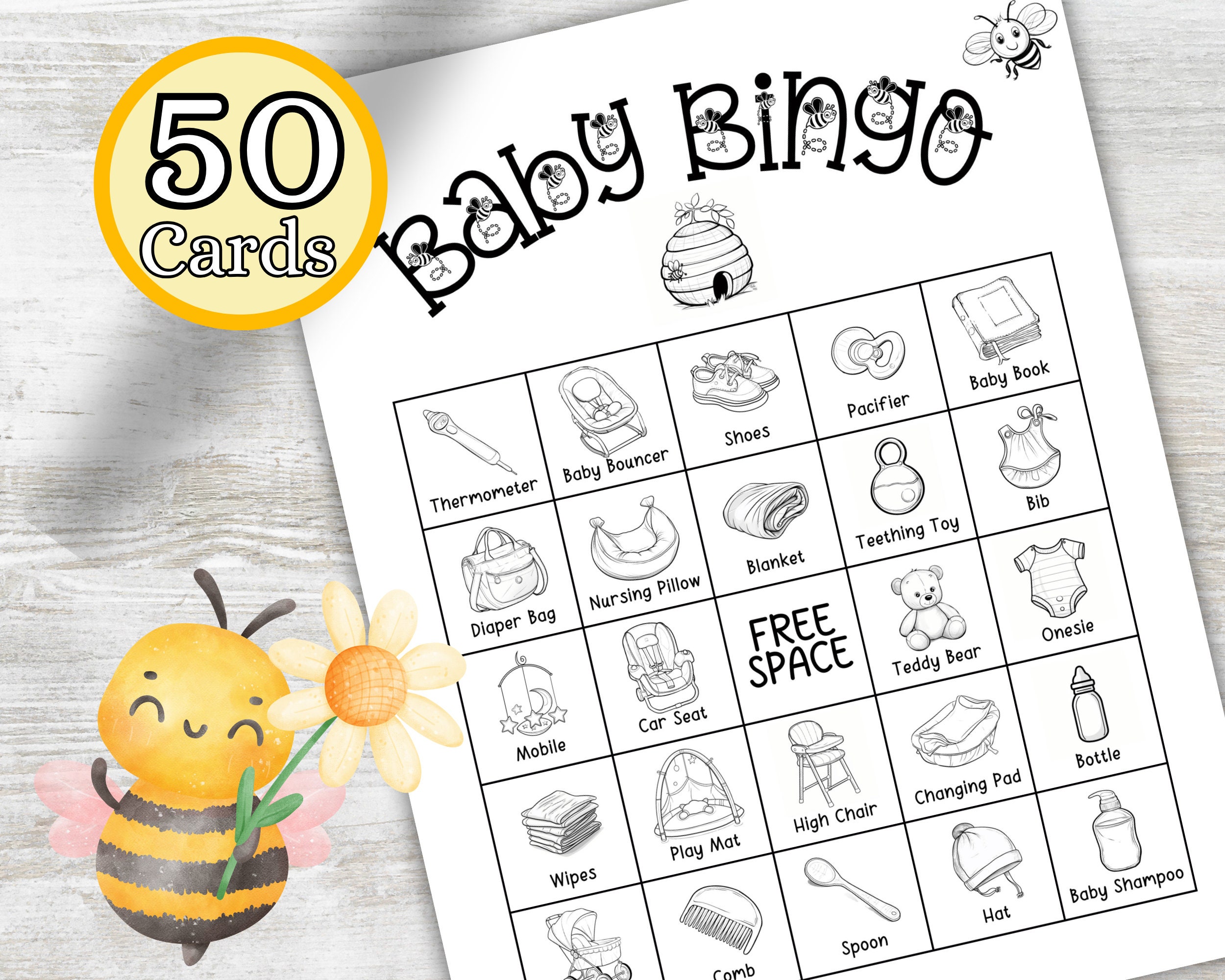 Baby Shower Bingo Honey Bees Printable Game, 50 Bingo Cards, Bee Baby ...