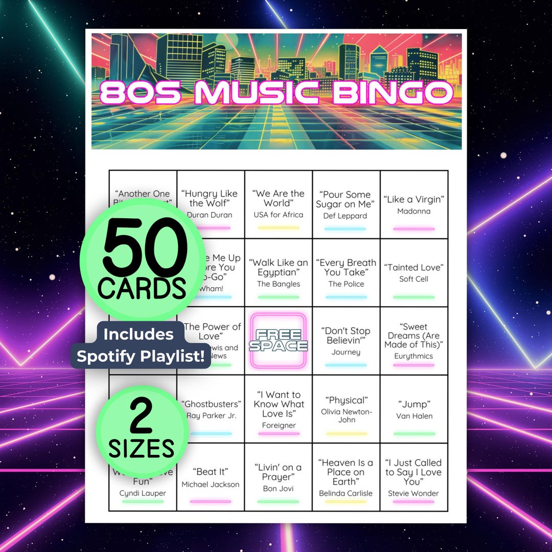 80s Music Bingo Game, Spotify Playlist, 50 Unique Bingo Cards, 80s ...