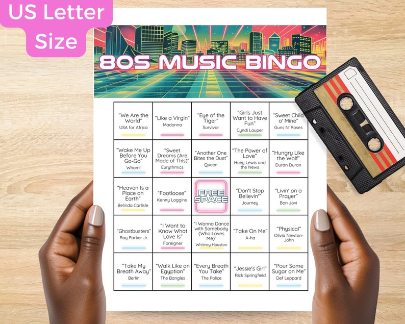 80s Music Bingo Printable Game, Spotify Playlist Included, 50 Unique ...