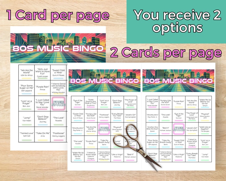 80s Music Bingo Game, Spotify Playlist, 50 Unique Bingo Cards, 80s ...