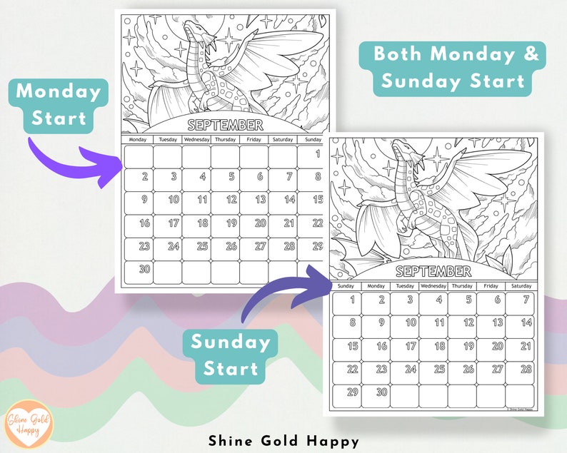 2024 Dragons Coloring Calendar, Printable Calendar 2024, PDF Digital ...